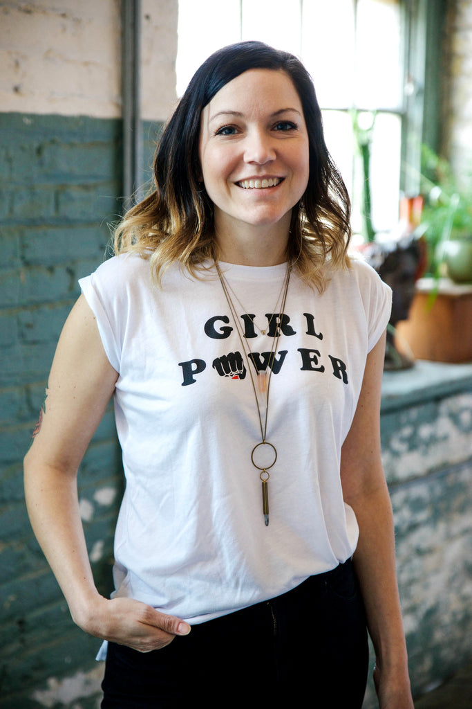 Girl Power Ladies White Rolled Cuffs Muscle Tee – Orchard Street Apparel